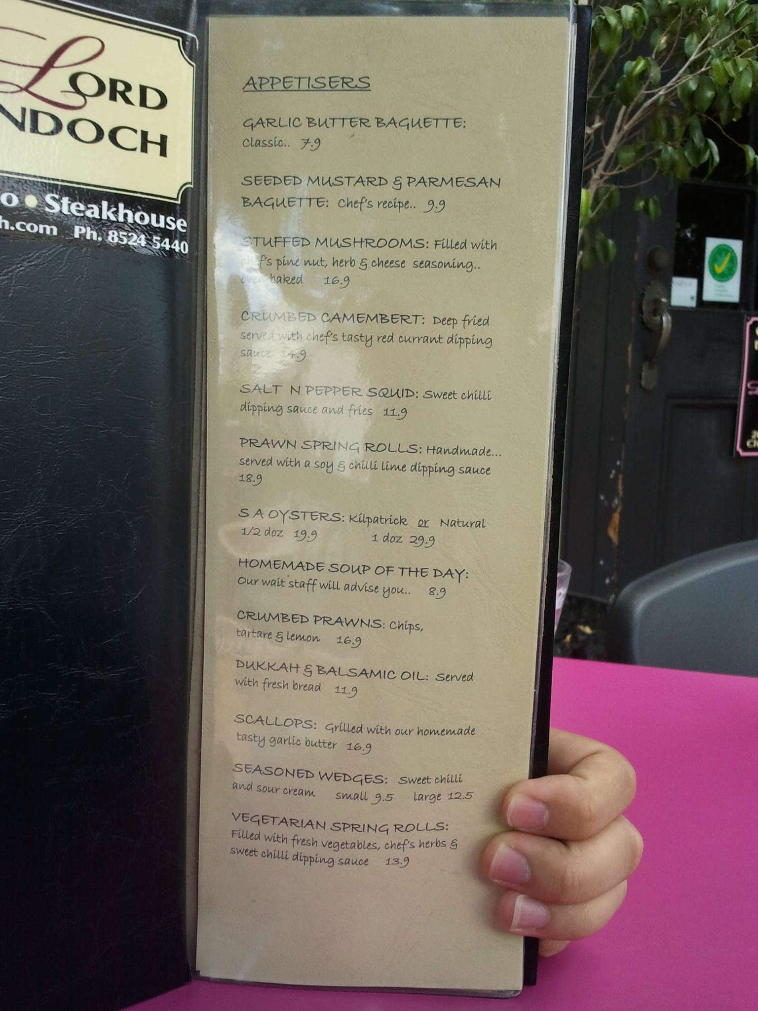 Menu at The Lord Lyndoch steakhouse, Lyndoch