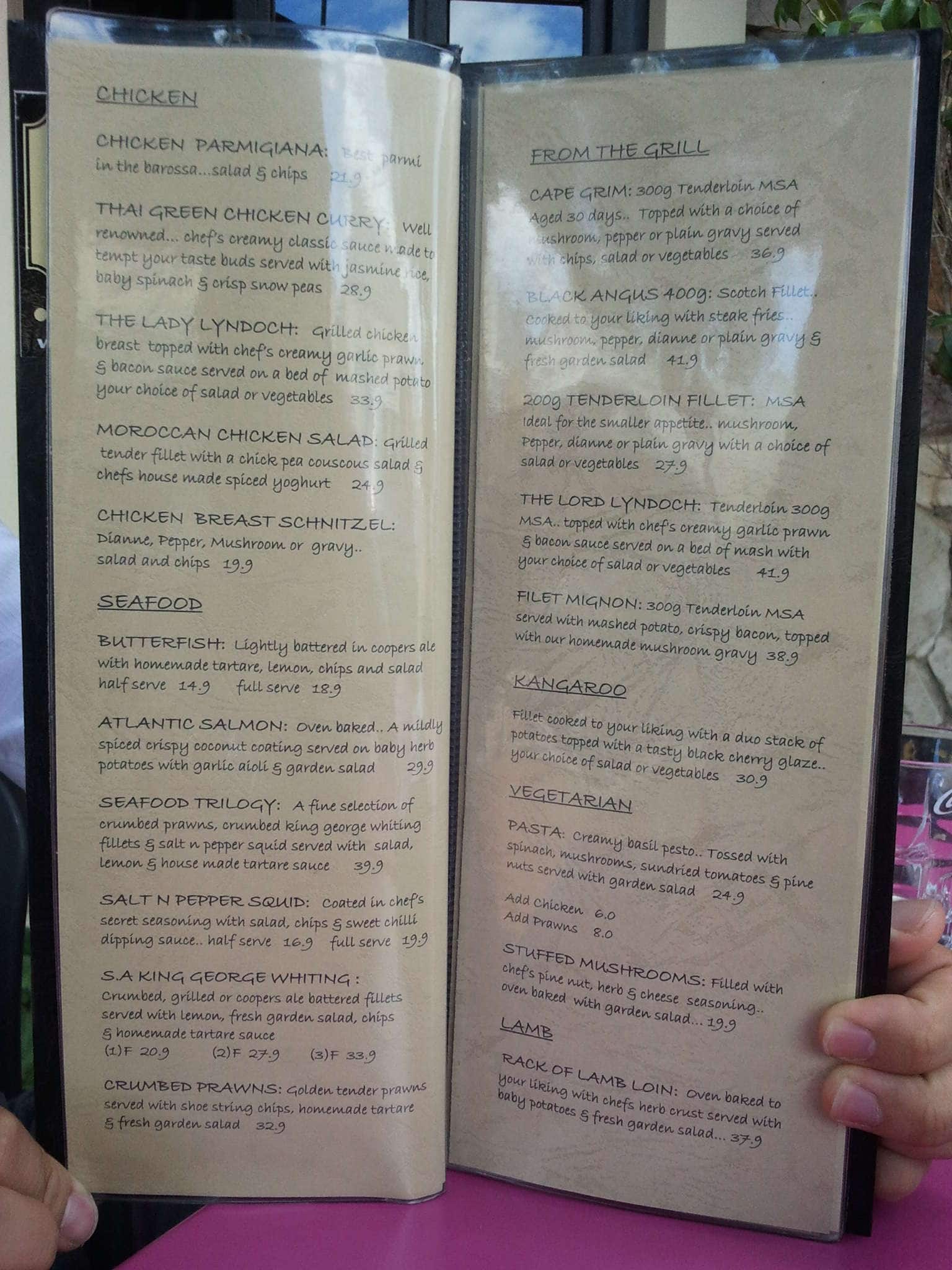 Menu at The Lord Lyndoch steakhouse, Lyndoch