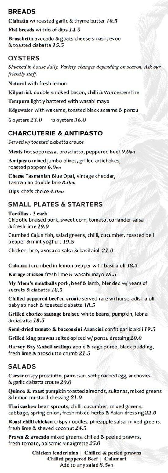 Menu at Edgewater Dining & Lounge restaurant, Surfers Paradise