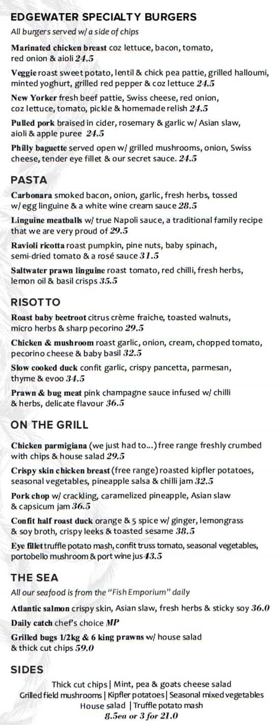 Menu at Edgewater Dining & Lounge restaurant, Surfers Paradise