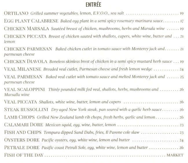 Menu at Il Pavone restaurant, Walnut Creek