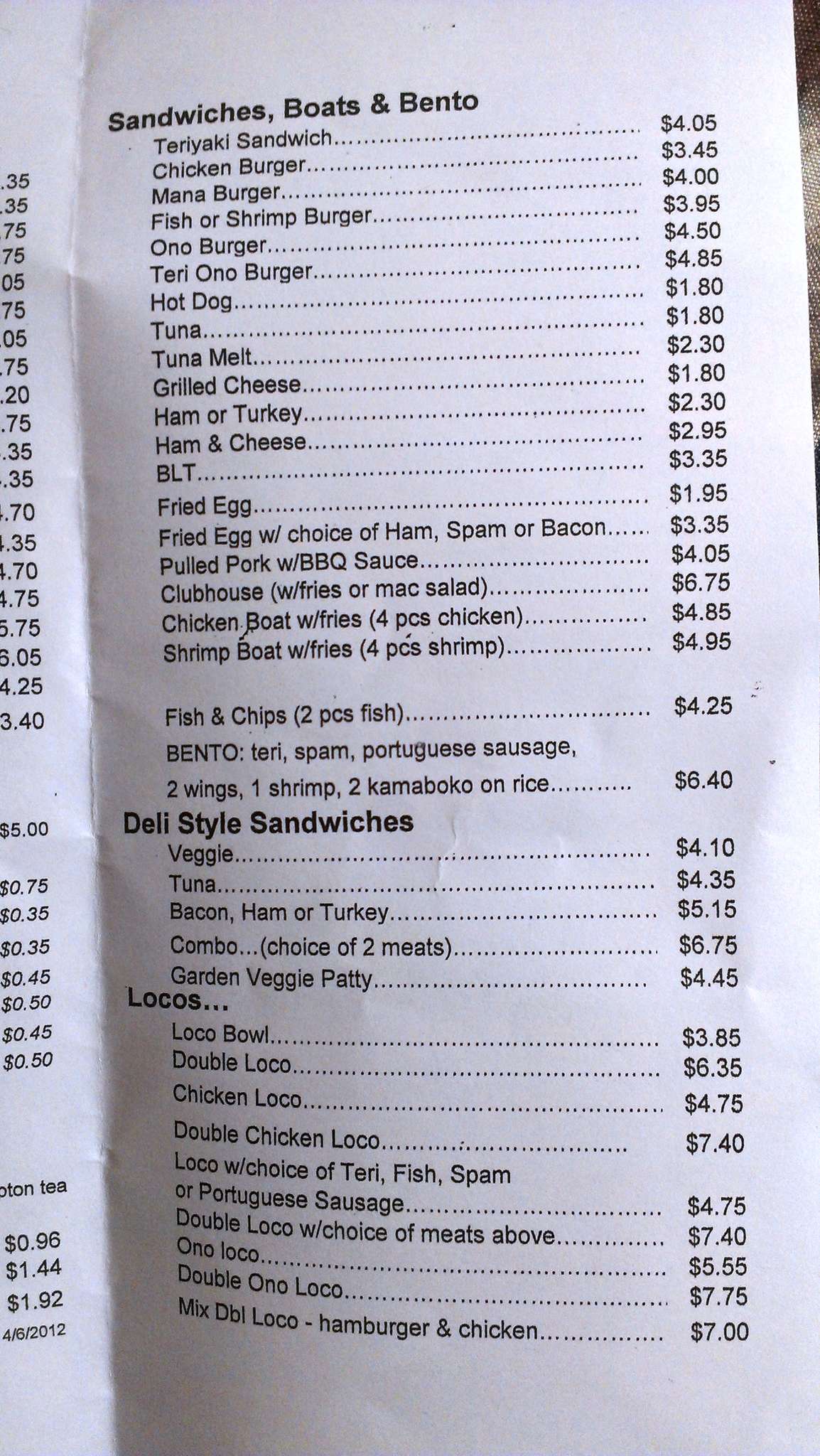 Menu at Vernas III restaurant, Hilo