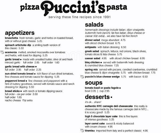 Puccini's Smiling Teeth Pizza & Pasta Menu - Urbanspoon/Zomato