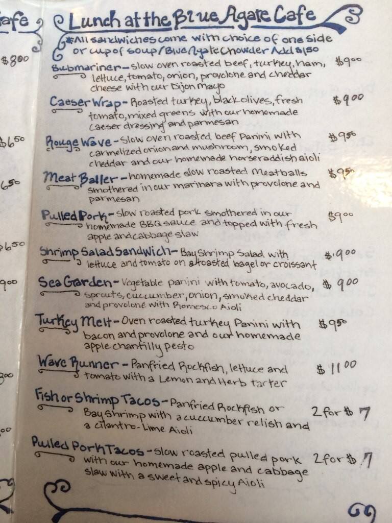 Menu at Blue Agate Cafe, Oceanside