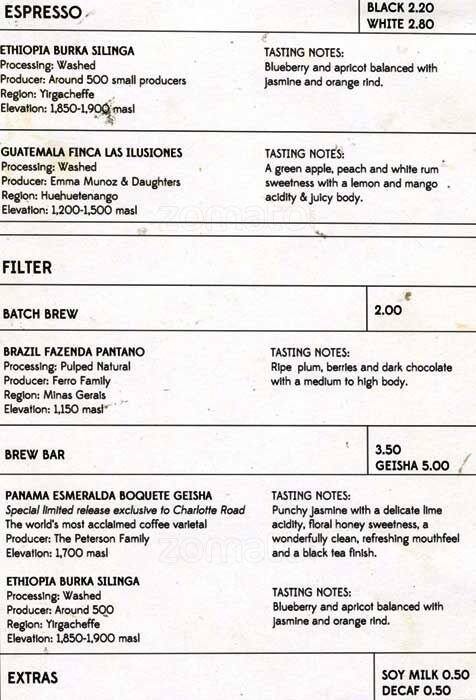 Menu at Origin Coffee cafe, London, 65 Charlotte Rd