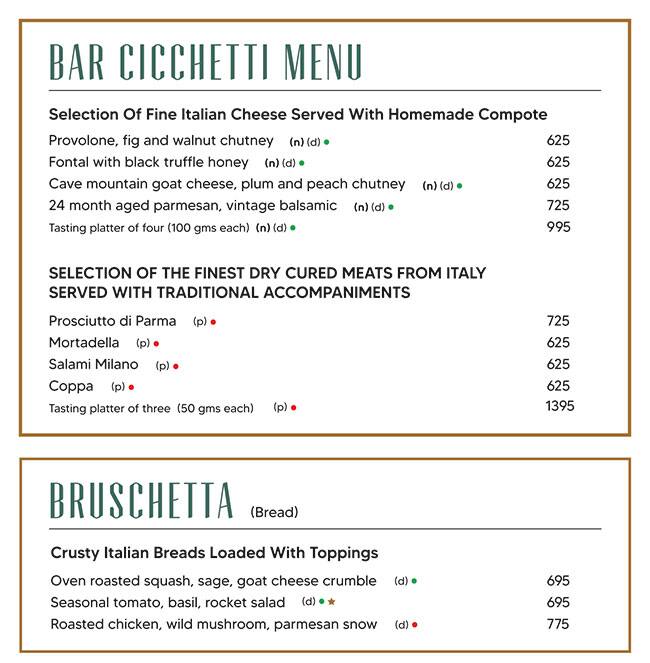 Menu at Grappa Bar, New Delhi