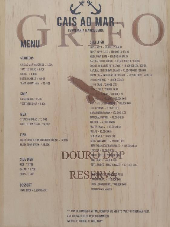 Menu em Cais ao Mar Algarve restaurante, Albufeira