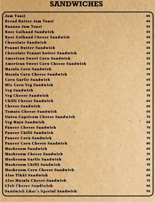 Menu of Sandwich Ghar, Varthur Main Road, Whitefield, Bangalore