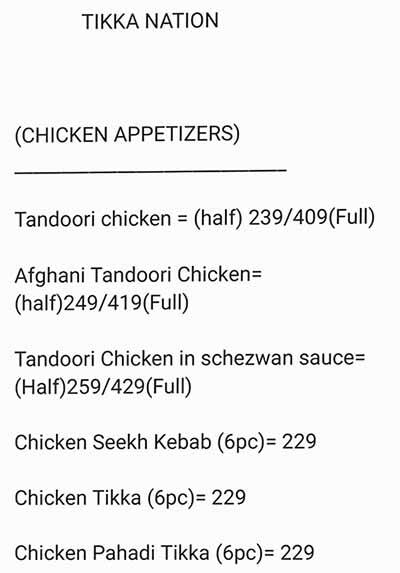 Menu of Tikka Nation, Kharghar, Navi Mumbai