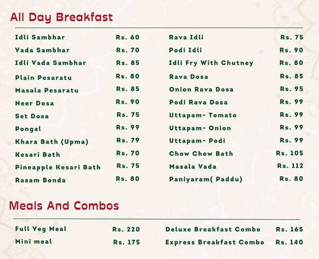 Menu of Aahar, Whitefield, Bangalore