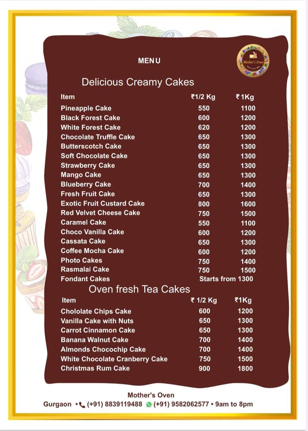 Menu of Mother's Oven, Sector 83, Gurgaon