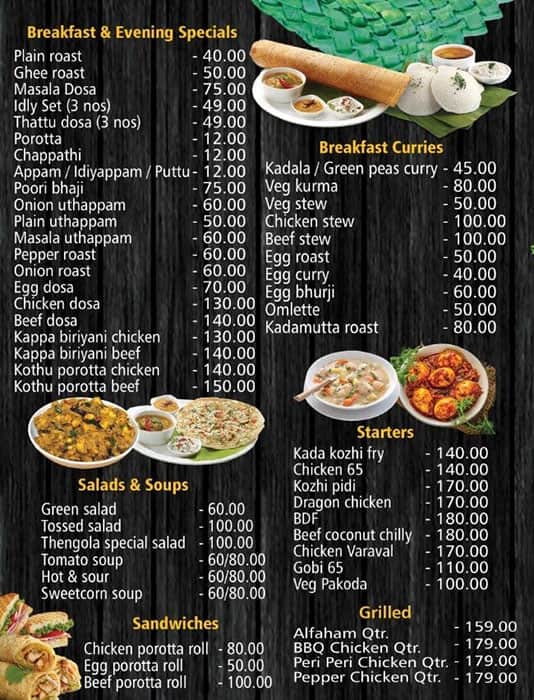 Menu of Thengola Restaurant, Aluva, Kochi