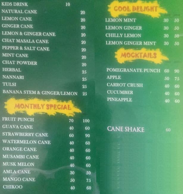 Menu at Dr Karumbu Sugarcane Juice, Coimbatore, 188 N S R Road