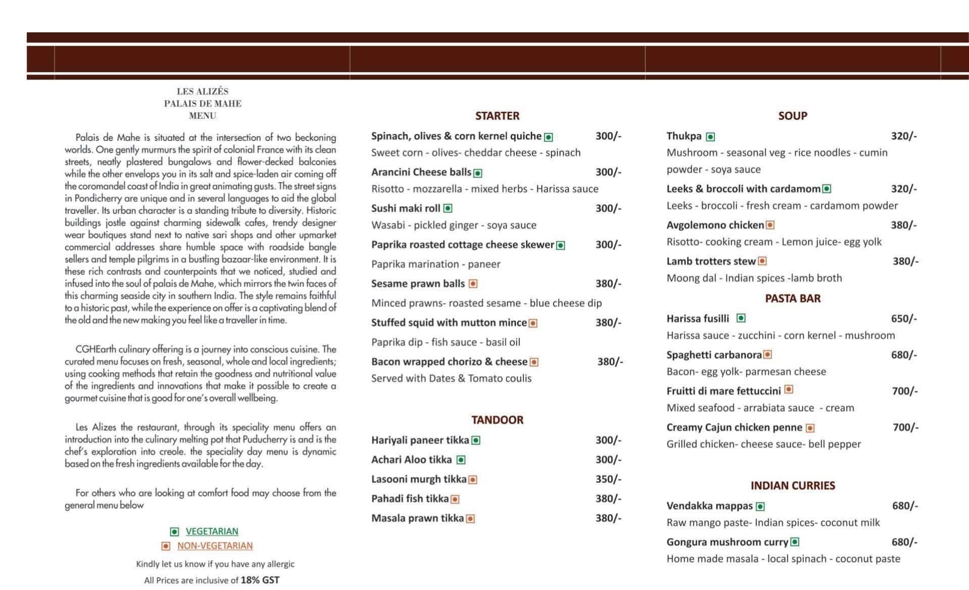 Menu of Les Alizés - Palais De Mahe, White Town, Puducherry