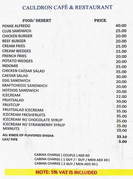 Menu at The Cauldron Restaurant, Abu Dhabi