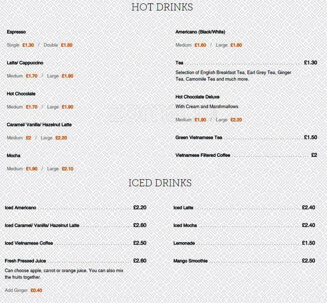 Menu at Viet Cafe, London, 75 Denmark Hill