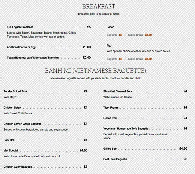 Menu at Viet Cafe, London, 75 Denmark Hill