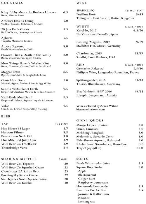 Menu at Smoking Goat Soho pub & bar, London, 7 Denmark St