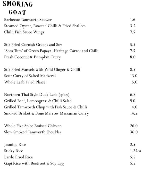Menu at Smoking Goat Soho pub & bar, London, 7 Denmark St
