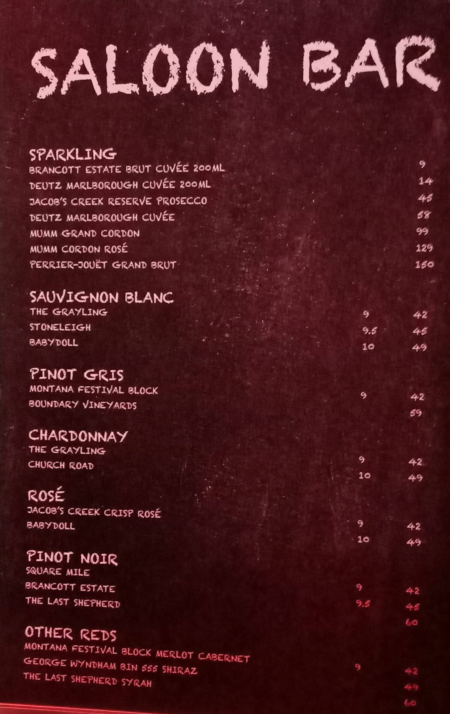 Menu at Saloon Bar, Auckland