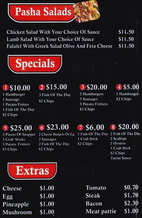 Menu at Pasha Kebabs restaurant, Auckland