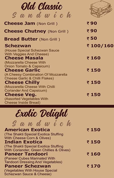 Menu of Shakti - The Sandwich Shop, Relief Road, Ahmedabad