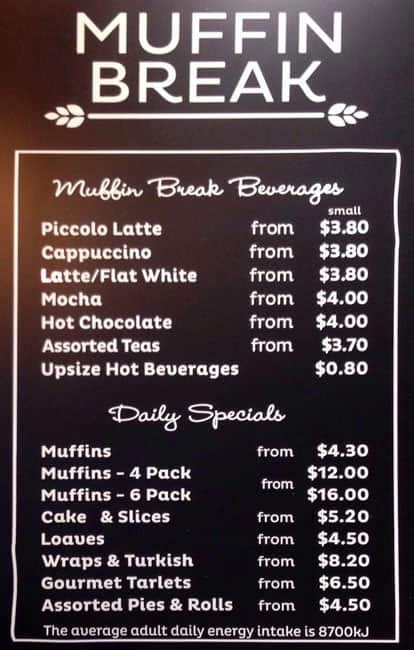 Menu at Muffin Break cafe, Chatswood, Westfield Shoppingtown