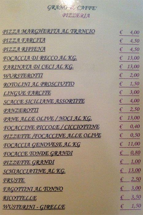 Menu at Grano & Caffè pub & bar, Milan