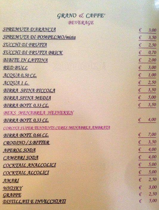 Menu at Grano & Caffè pub & bar, Milan