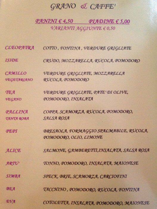 Menu at Grano & Caffè pub & bar, Milan
