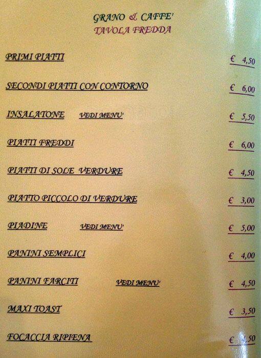 Menu at Grano & Caffè pub & bar, Milan