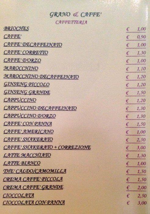 Menu at Grano & Caffè pub & bar, Milan