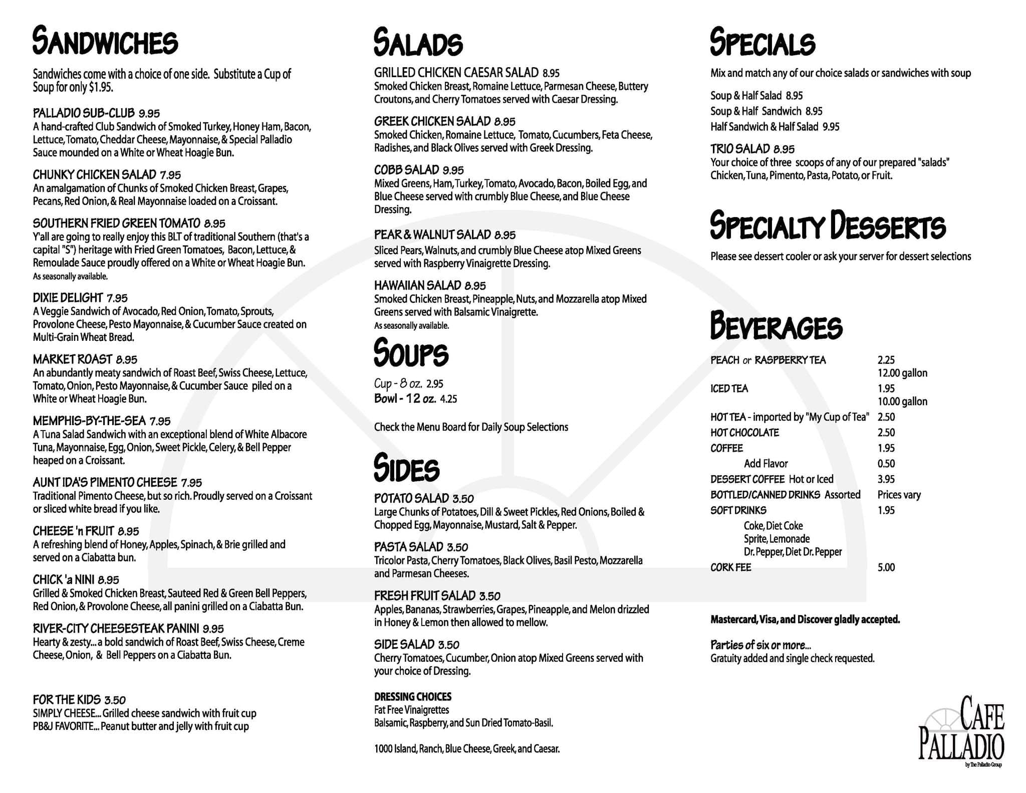 Menu at Café Palladio cafe, Memphis, Central Ave