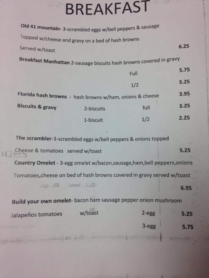 Menu at Old 41 Diner restaurant, Sullivan