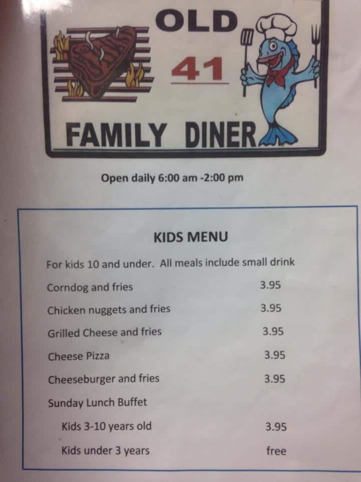 Menu at Old 41 Diner restaurant, Sullivan