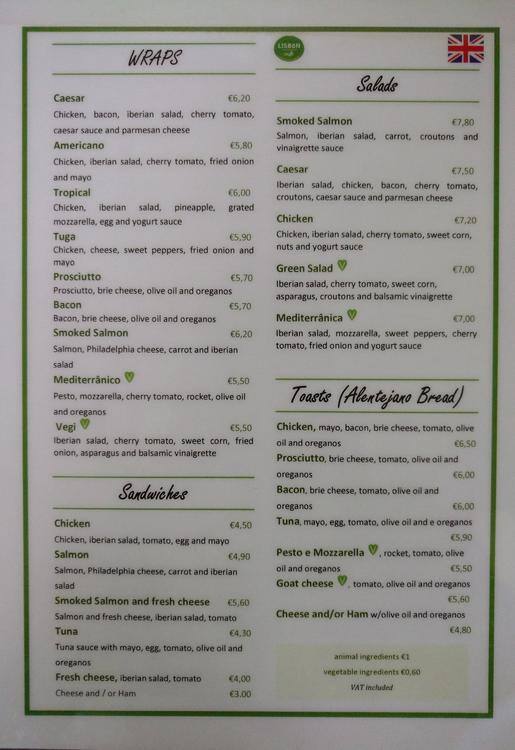 Menu at Lisbon Café, Lisbon