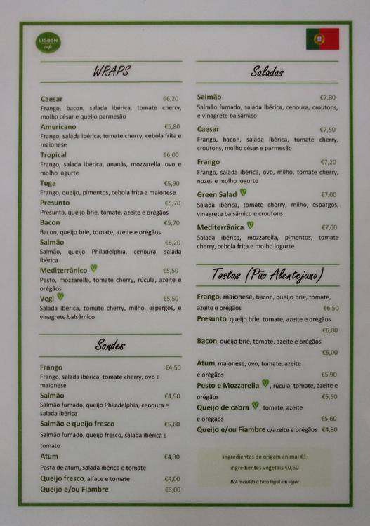 Menu at Lisbon Café, Lisbon