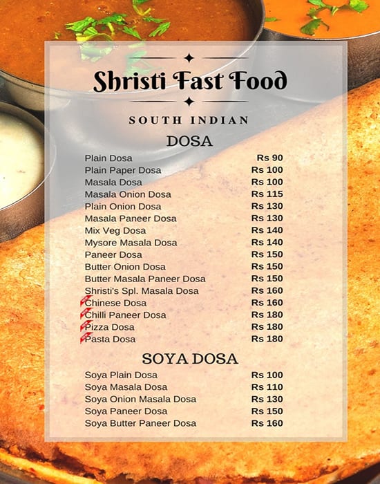 Menu of Shristi Fast Food, Meerut Cantt, Meerut