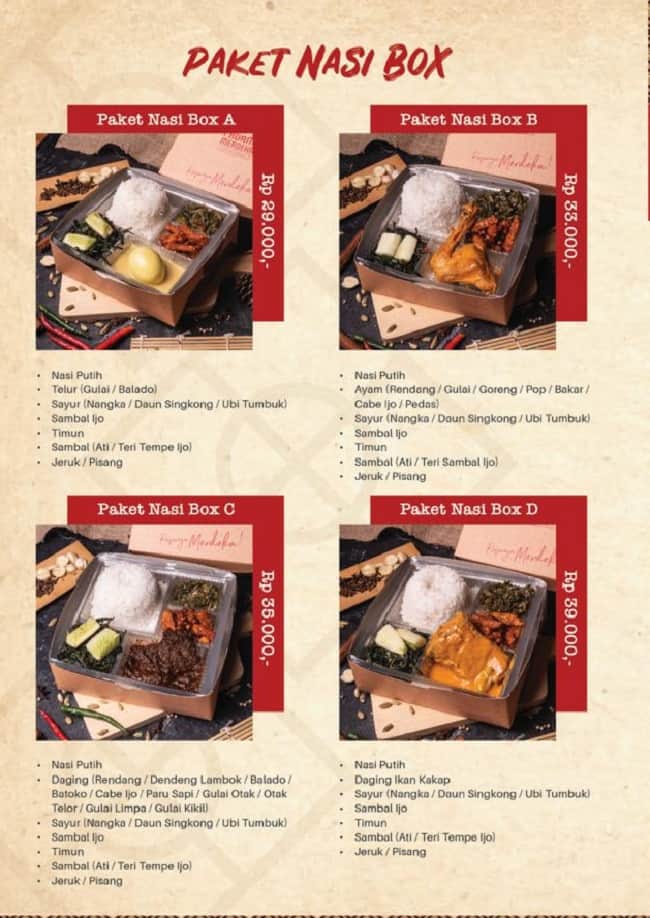 Menu at Nasi Kapau Merdeka restaurant, South Jakarta