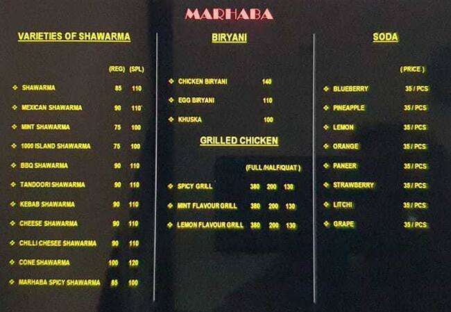 Menu of Marhaba, Porur, Chennai