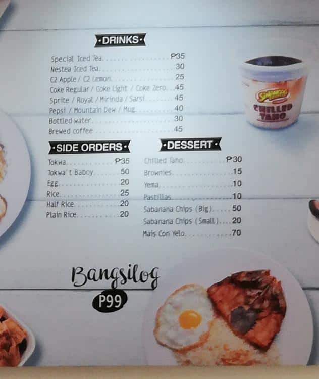 Menu at Sinangag Express restaurant, Manila, 708 Pedro Gil St