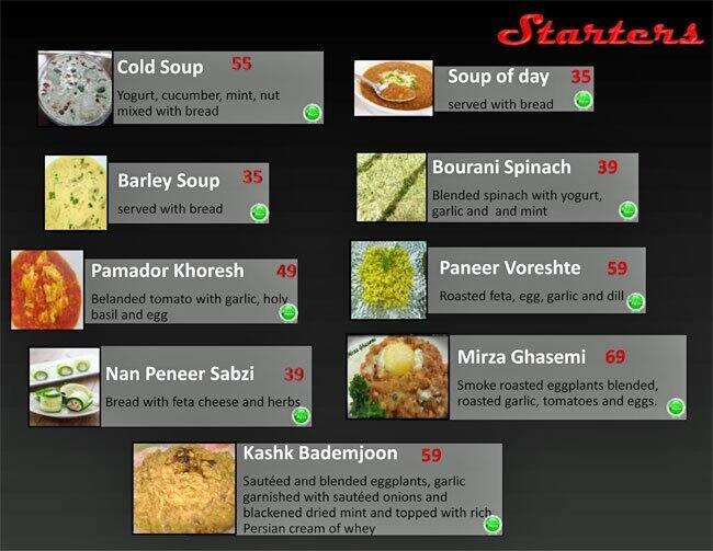 Carta de Persian Restaurant, Ciudad del Cabo, 66 Victoria Rd