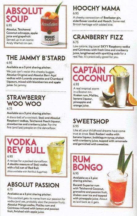 Menu at Revolution Edinburgh pub & bar, Edinburgh, 30A Chambers St