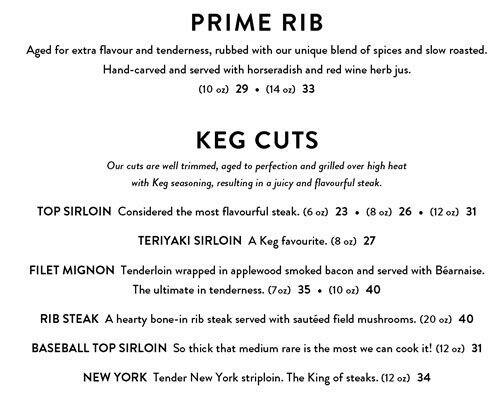 Menu at The Keg Steakhouse + Bar, Toronto, 927 Dixon Rd
