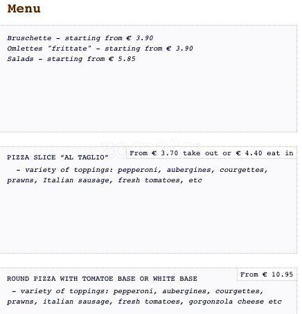 Menu at Steps of Rome restaurant, Dublin, 1 Bird Ave