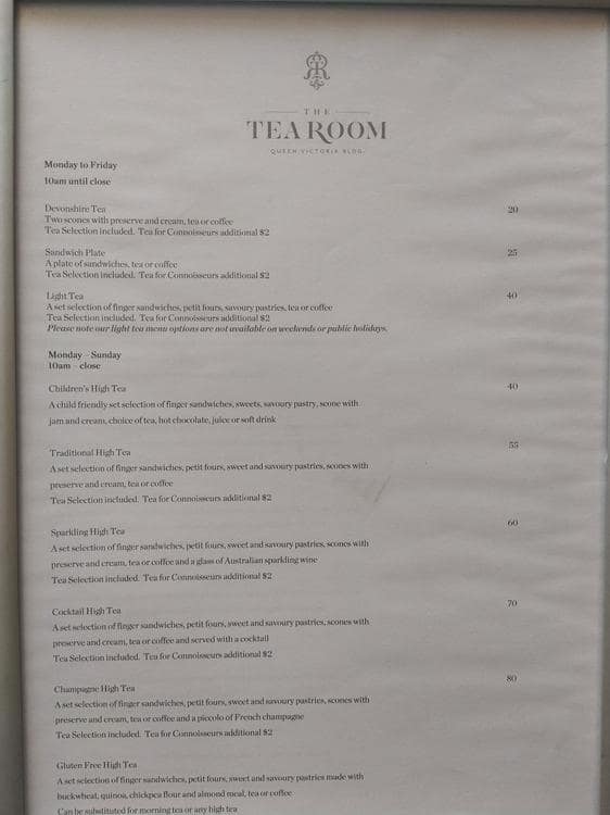 Menu at The Tea Room QVB cafe, Sydney, Level 3/455 George St