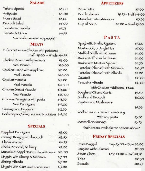 Menu at Tufano's Vernon Park Tap restaurant, Chicago