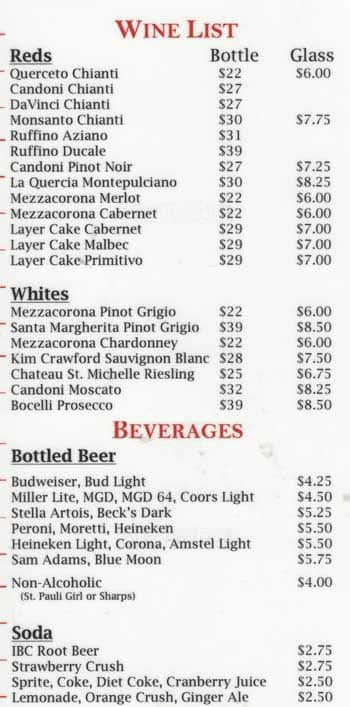 Menu at Tufano's Vernon Park Tap restaurant, Chicago