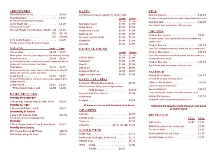 Menu at Pisa Pizza restaurant, Orlando