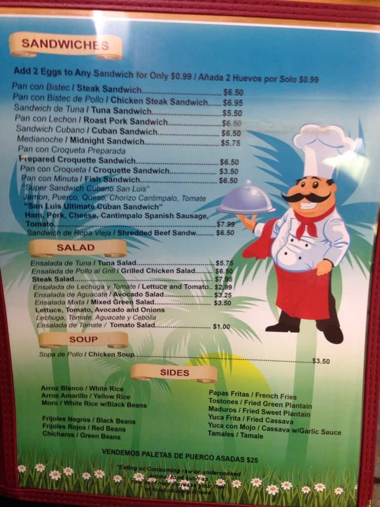 Menu at San Luis Cuban Cafe Restaurant, Fort Myers